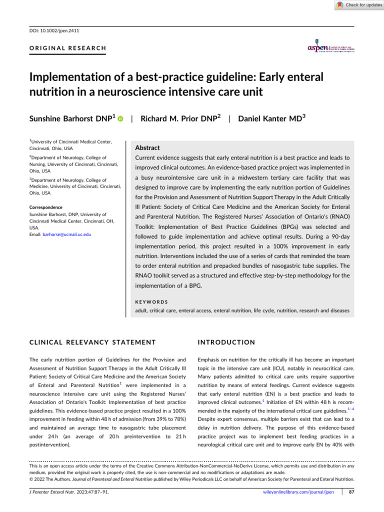 J Parenter Enteral Nutr - 2022 - Barhorst - Implementation of A Best ... J Parenter Enteral Nutr - 2022 - Barhorst - Implementation of A Best ...
