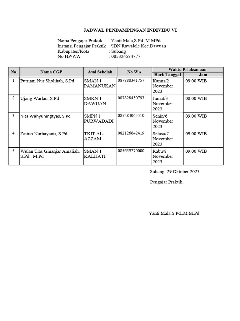 Yanti Mala - Jadwal Pendampingan Individu 6 | PDF