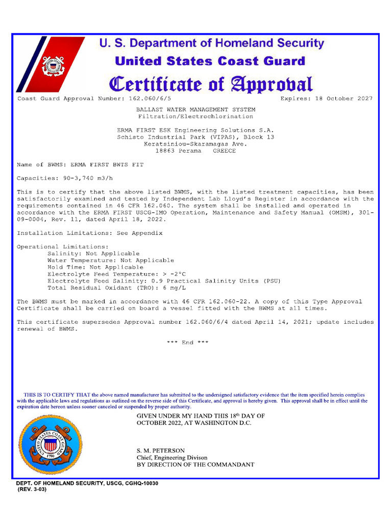 Erma USCG Cert | PDF