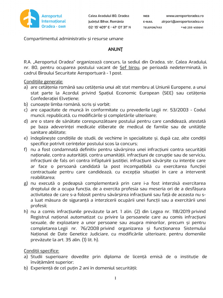 Anunt ziar angajare Sef birou securitate octombrie 2023 ptr publicare | PDF