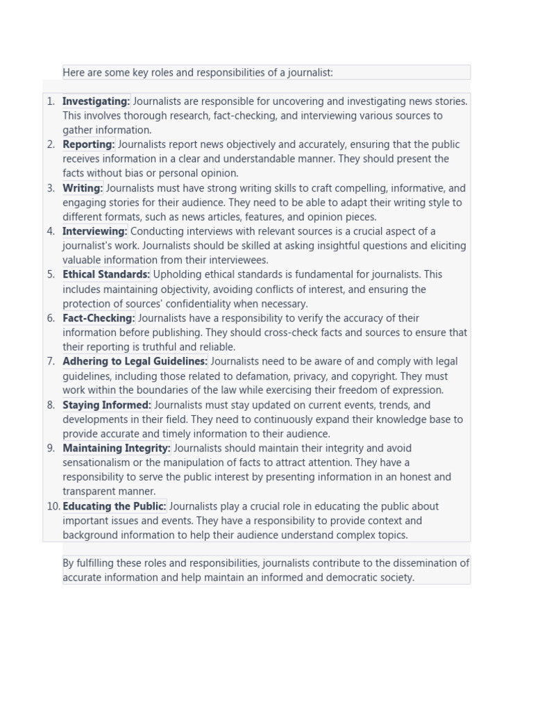 Roles and Responsibilities of A Journalist | PDF
