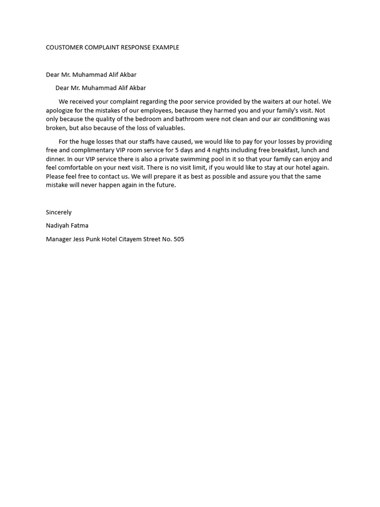 Respons COUSTOMER COMPLAINT RESPONSE EXAMPLE | PDF