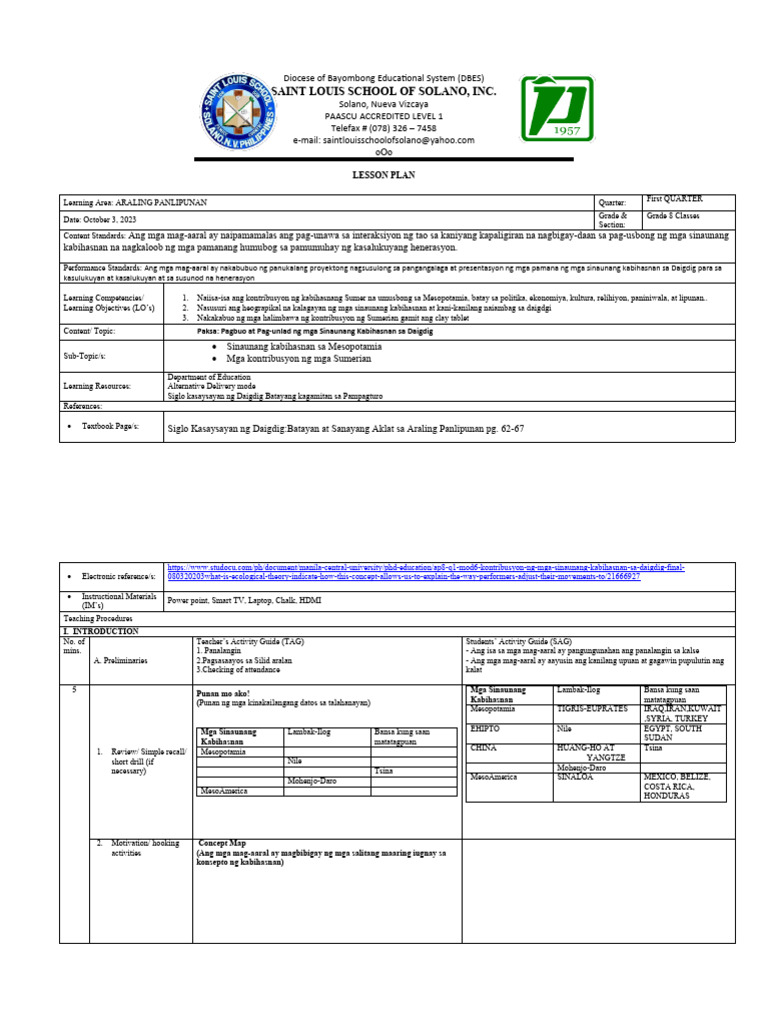 Saint Louis School of Solano, Inc.: Lesson Plan | PDF