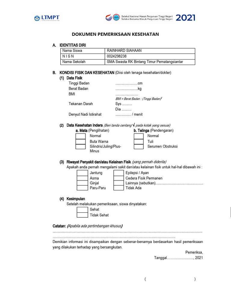 01 Template DOKUMEN KESEHATAN (PORTOFOLIO OLAHRAGA 2021) | PDF