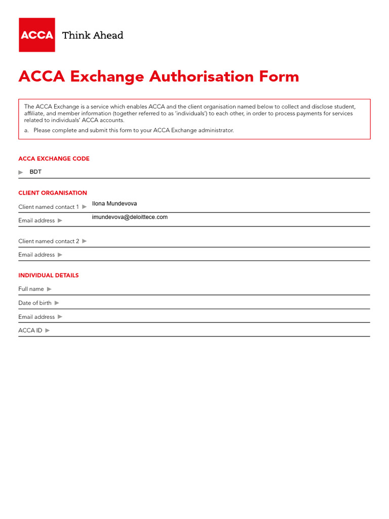 ACCA Exchange Authorisation Form | PDF | Business | Law