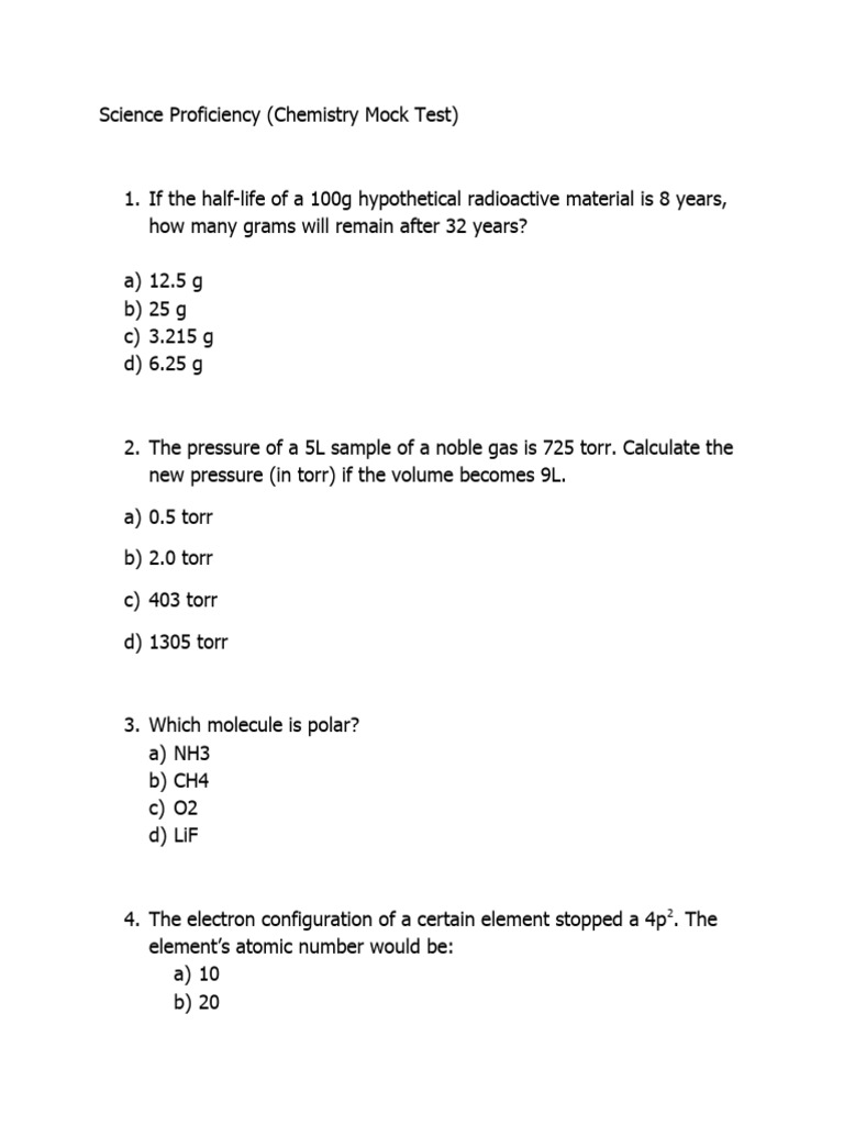 Science Proficiency Chemistry Mock Test | PDF