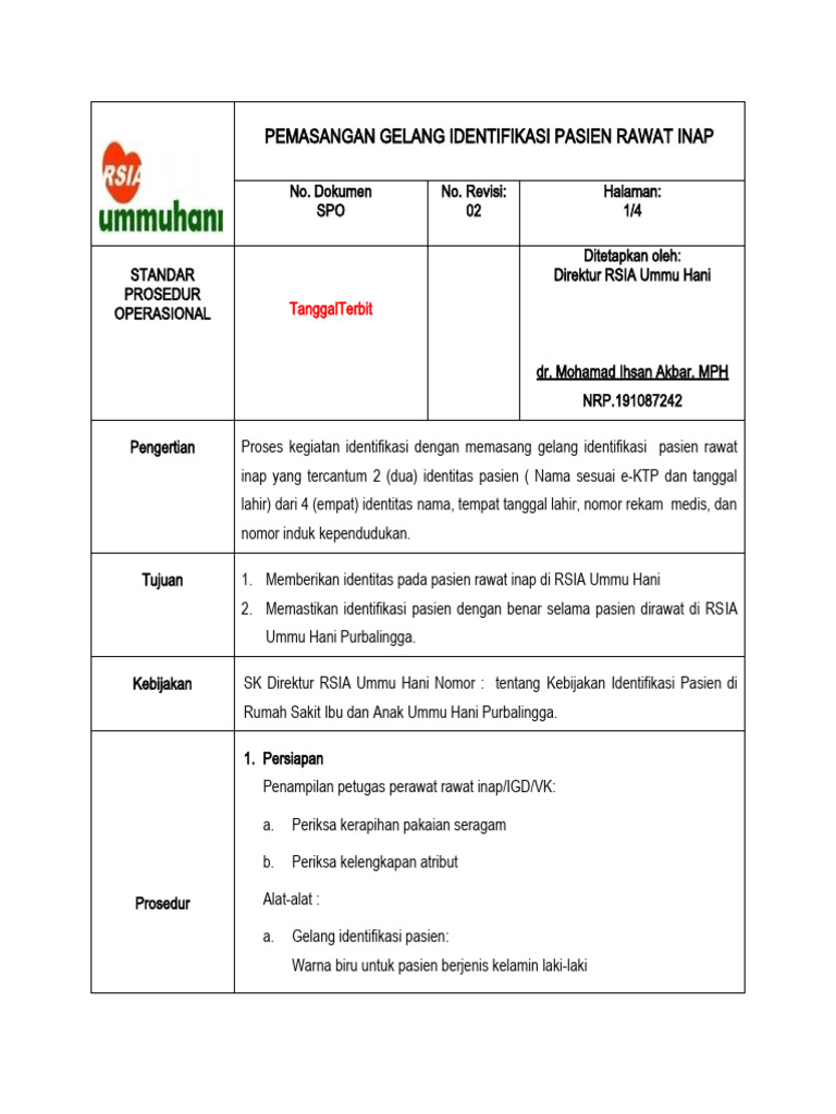 SPO Pemasangan Gelang Identitas Pasien Rawat Inap Edit Desi | PDF | Sains & Matematika
