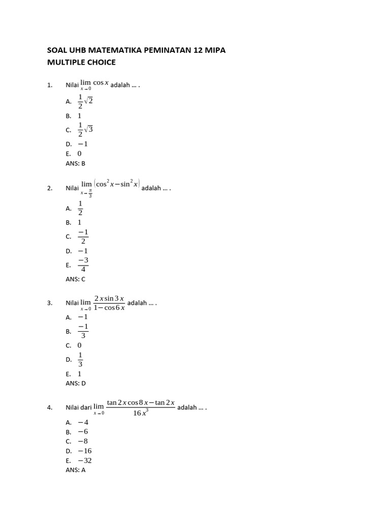 Soal Uhb Matematika Minat Xii Mipa | PDF