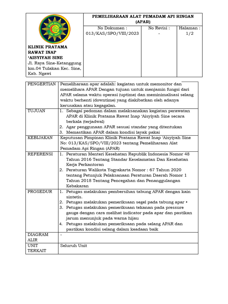 013.spo Pemeliharaan Alat Pemadam Api Ringan (Apar) | PDF