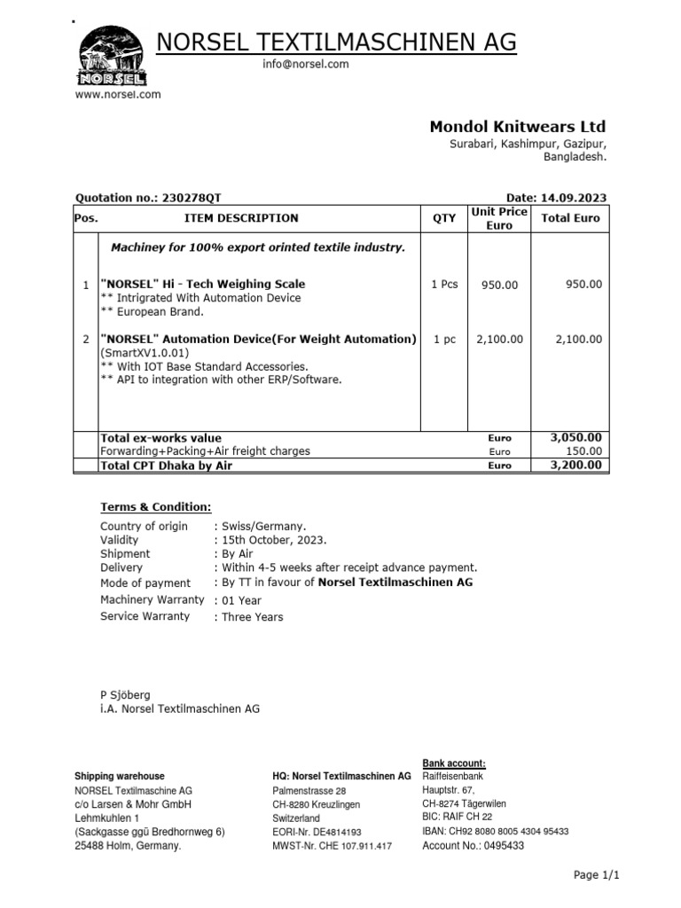 278 Mondol (Automation) Quotation From Norsel 14.09.2023 1 | PDF