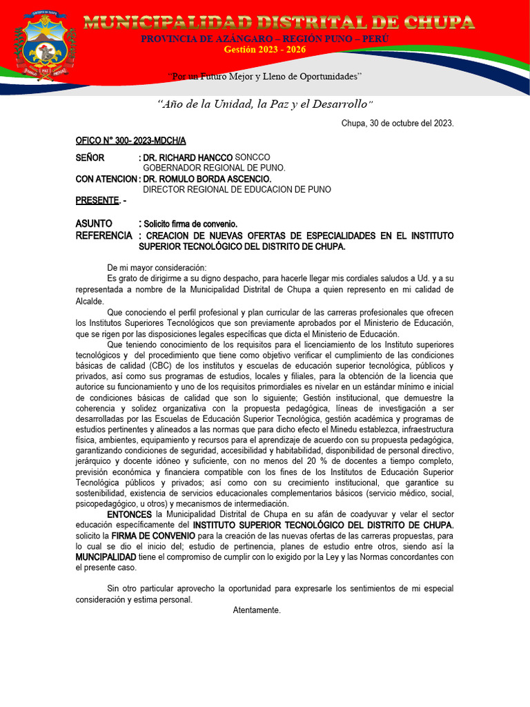 Oficio de Firma de Convenio Tecnologico Chupa | PDF