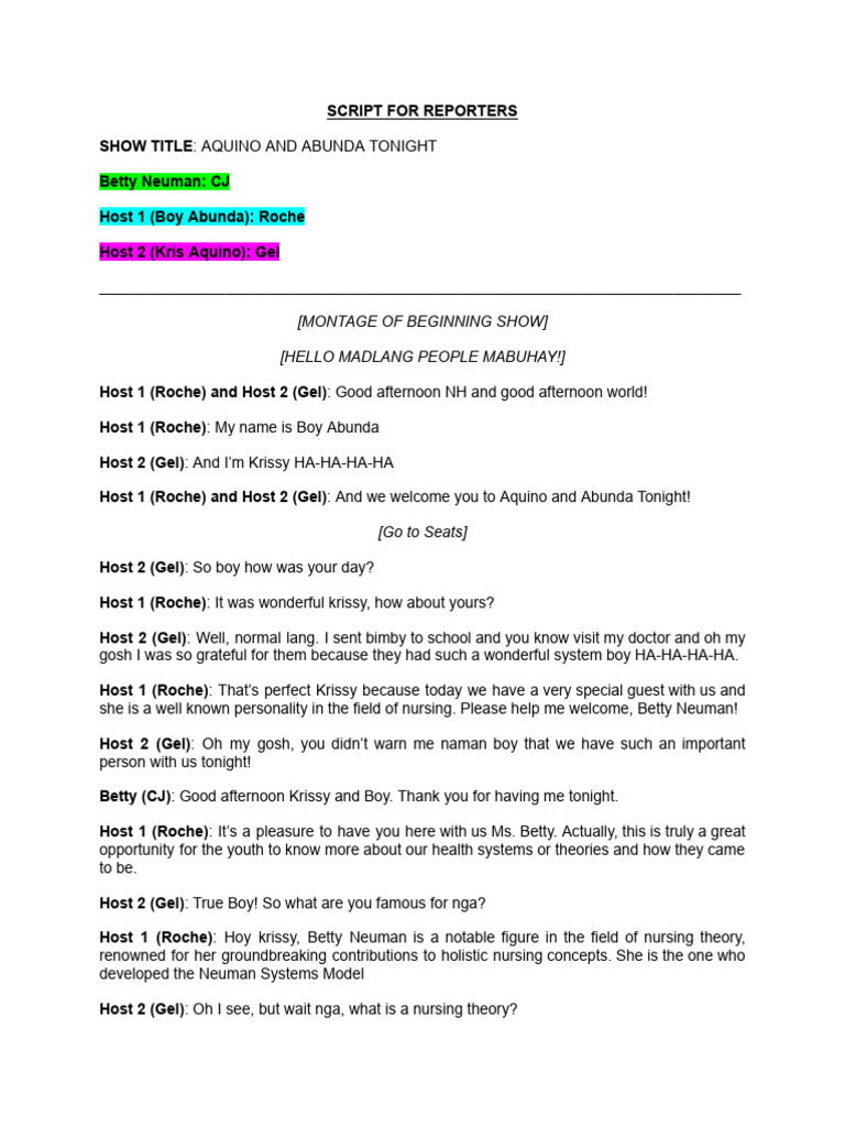 Betty Neuman Talk Show Script | PDF