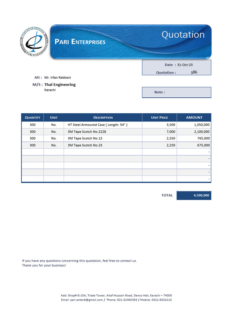 Quotation Irfan Rabbani Thal Engineering (31-10-23) | PDF