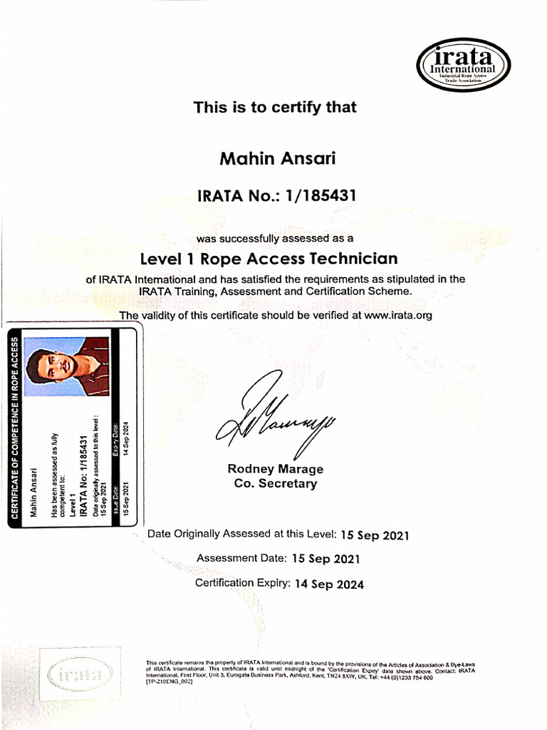 Mahin A IRATA Certificate - 14.09.24 | PDF