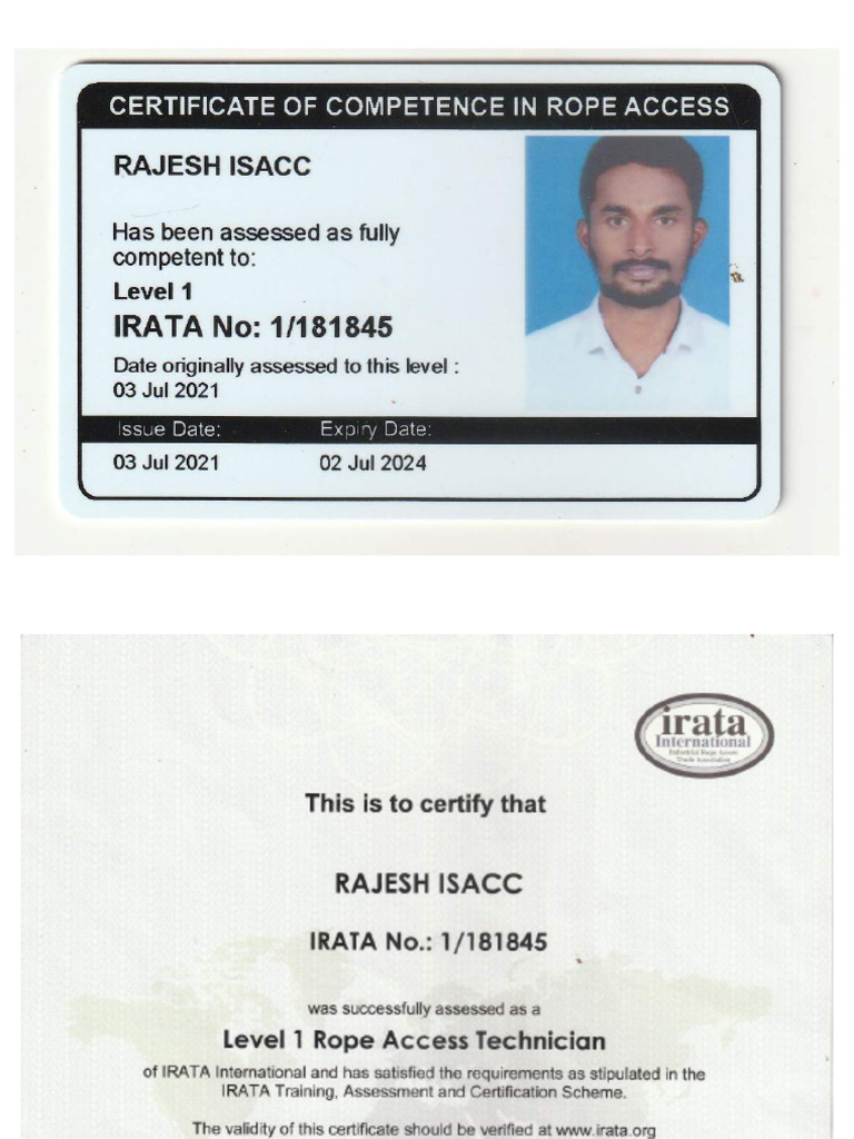 02. Rajesh I IRATA L1 Certificate - 02.07.24 | PDF
