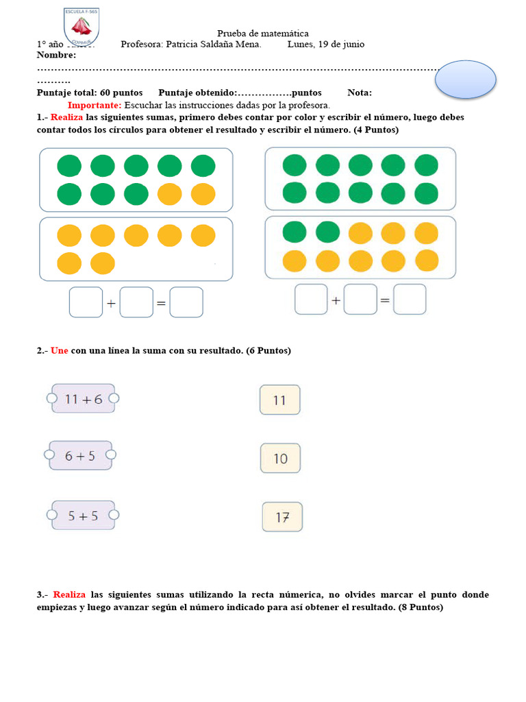 Prueba de sumas y restas 1° básico | PDF | Crecimiento personal y profesional