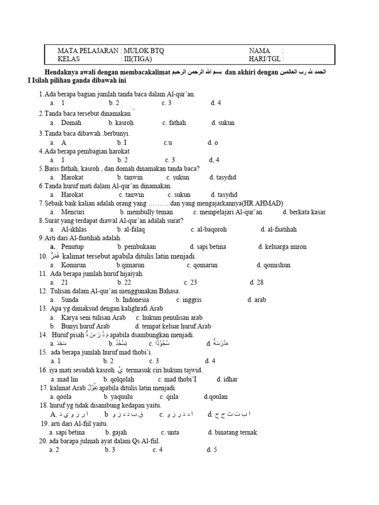 Soal Pat BTQ Kelas 3 | PDF | Kajian Bahasa Asing