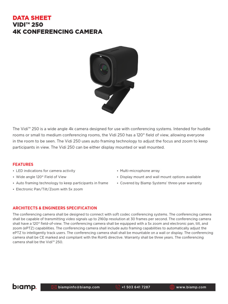 Biamp Data Sheet Vidi250 Aug22 | PDF | Camera | Computing