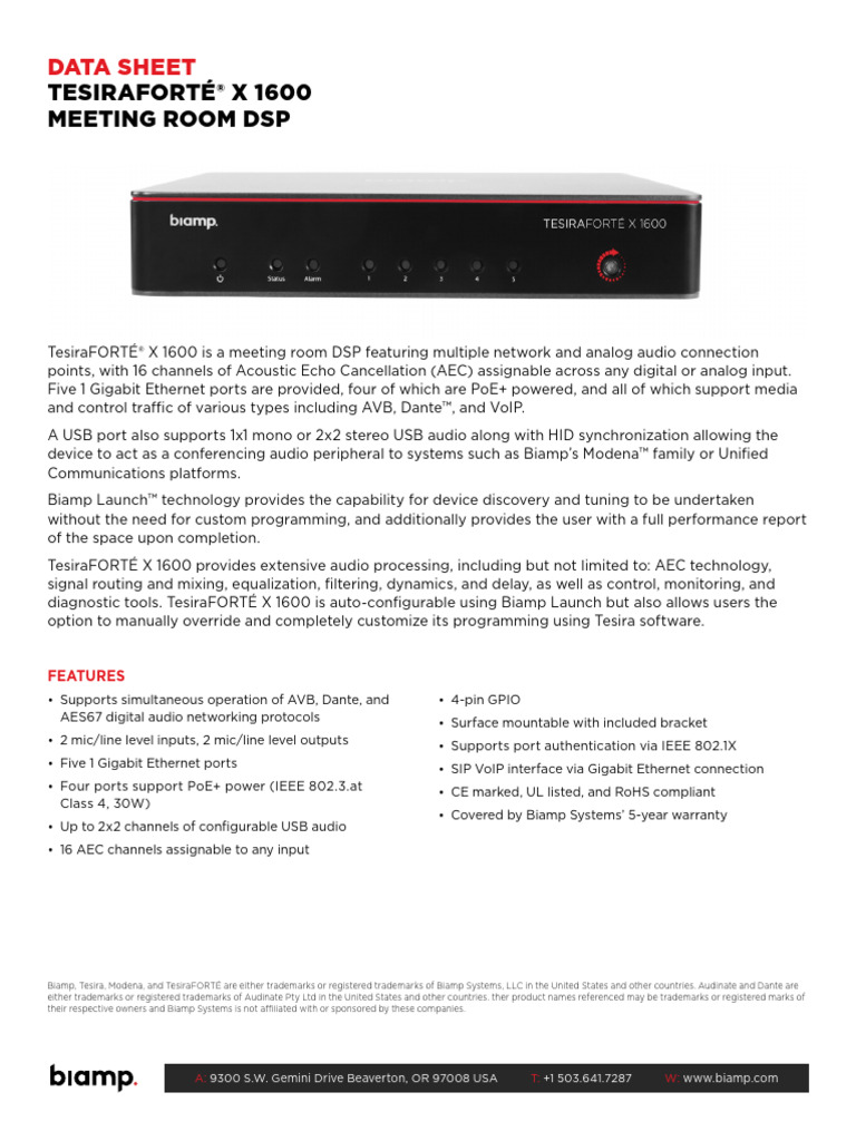 Biamp Data Sheet Tesiraforte x1600 Feb22 | PDF | Usb | Digital Signal ...