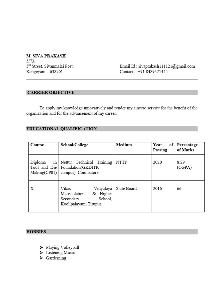 Siva Prakash Resume | PDF | Educational Stages