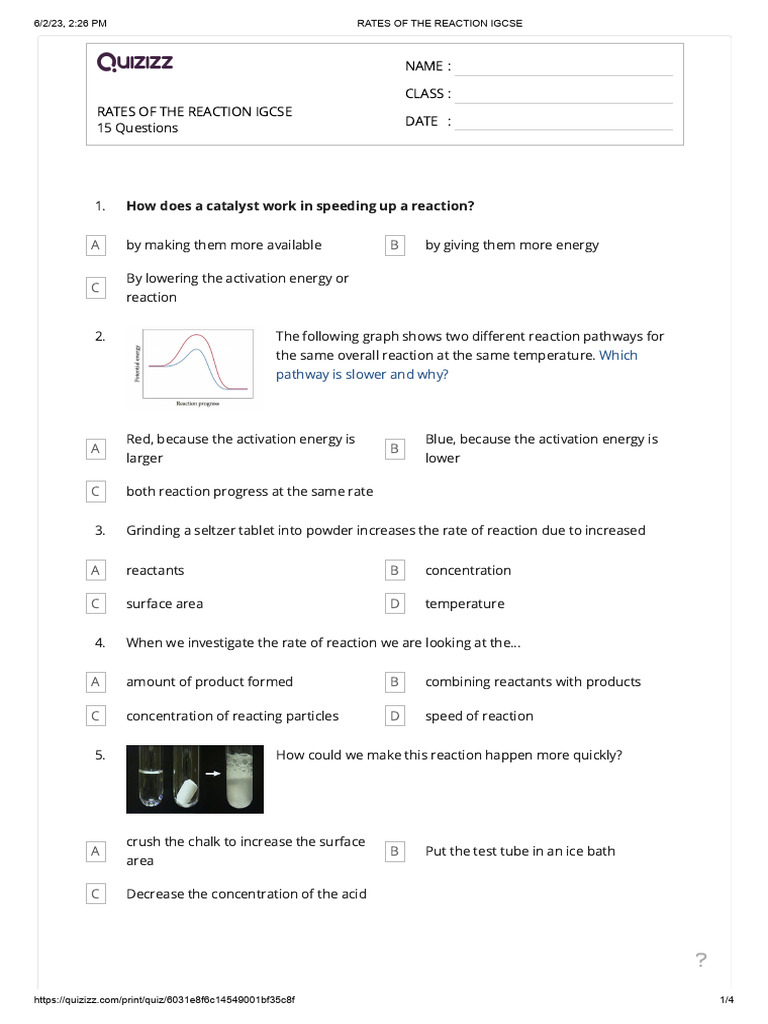 IGCSE Rates of Reaction Quiz | PDF | Chemical Reactions | Activation Energy