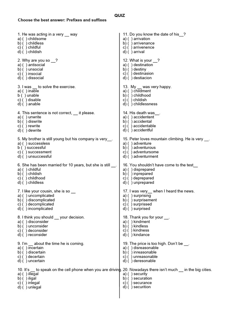 English Prefix & Suffix Quiz | PDF