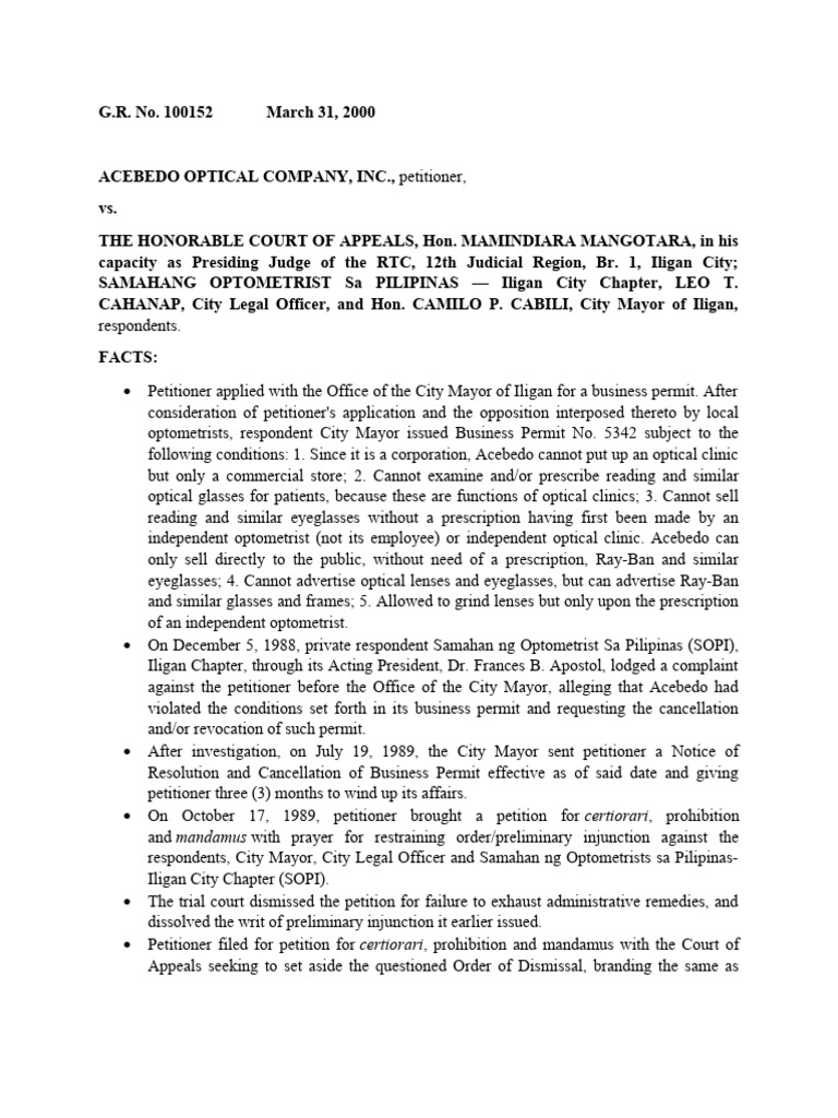L. Acebedo Optical Vs CA. GR No. 100152. (March 31, 2000) | PDF ...