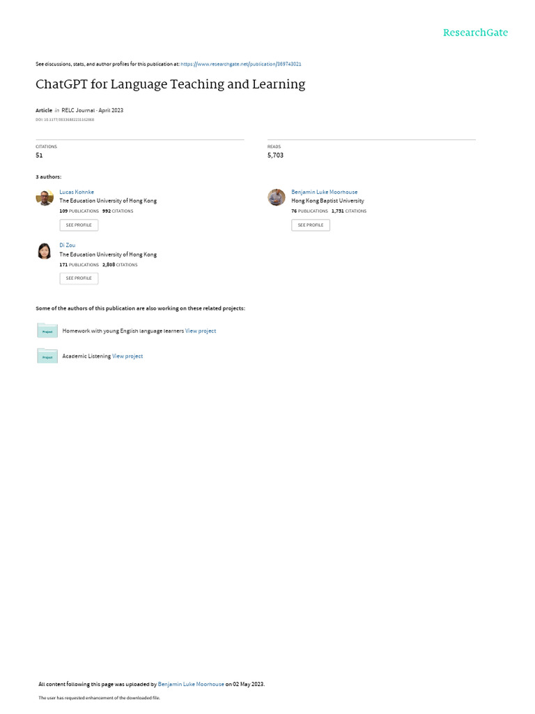 Chatgpt For Language Teaching and Learning: Relc Journal April 2023 | PDF