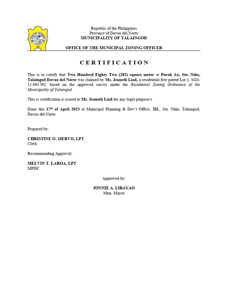 Zoning Cert | PDF