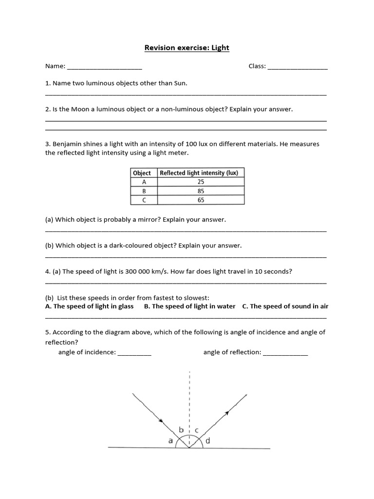 Revision Exercise (Light) Question | PDF | Light | Reflection (Physics)