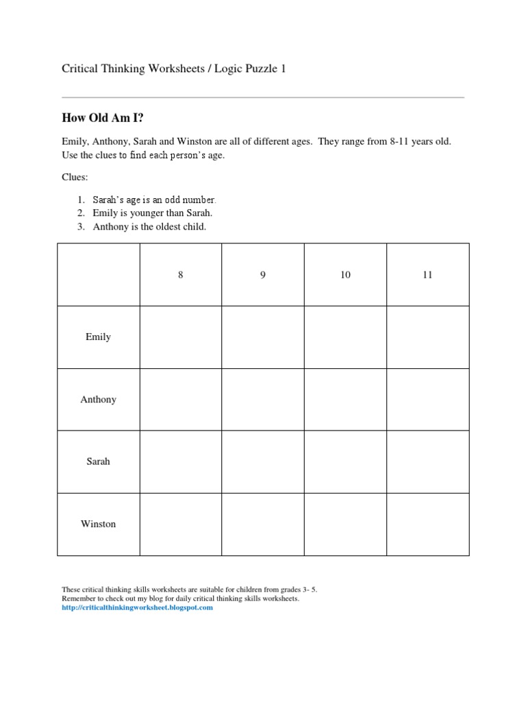 Critical Thinking Logic Puzzles Worksheets | PDF | Language Arts ...