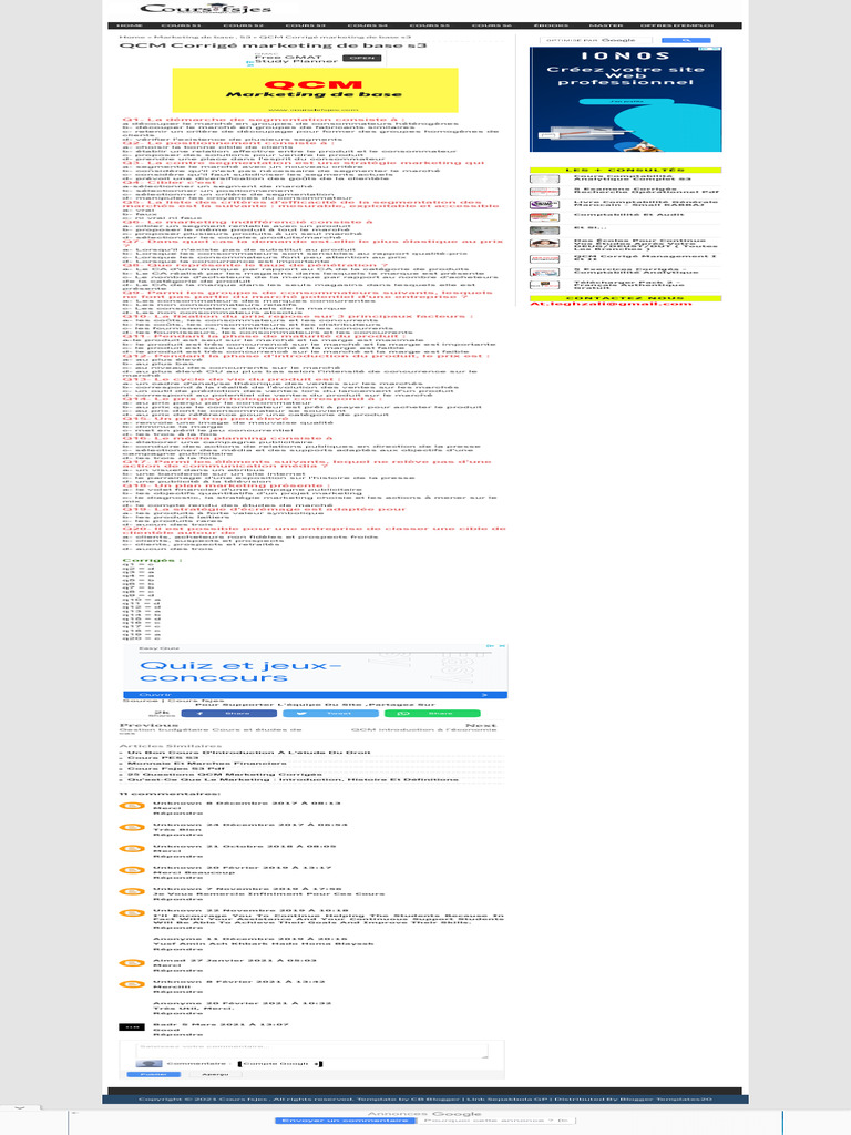 QCM Corrigé Marketing de Base s3 - Cours Fsjes | PDF | Publicité | Commercialisation