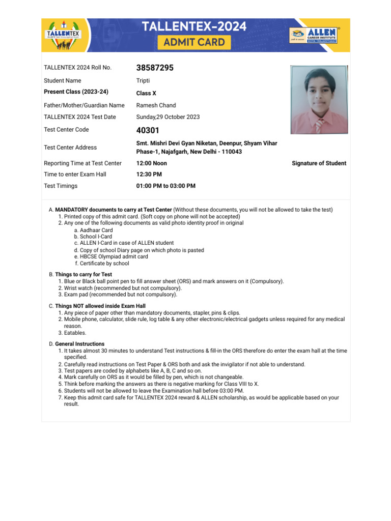 TALLENTEX 2024 - Admit Card | PDF
