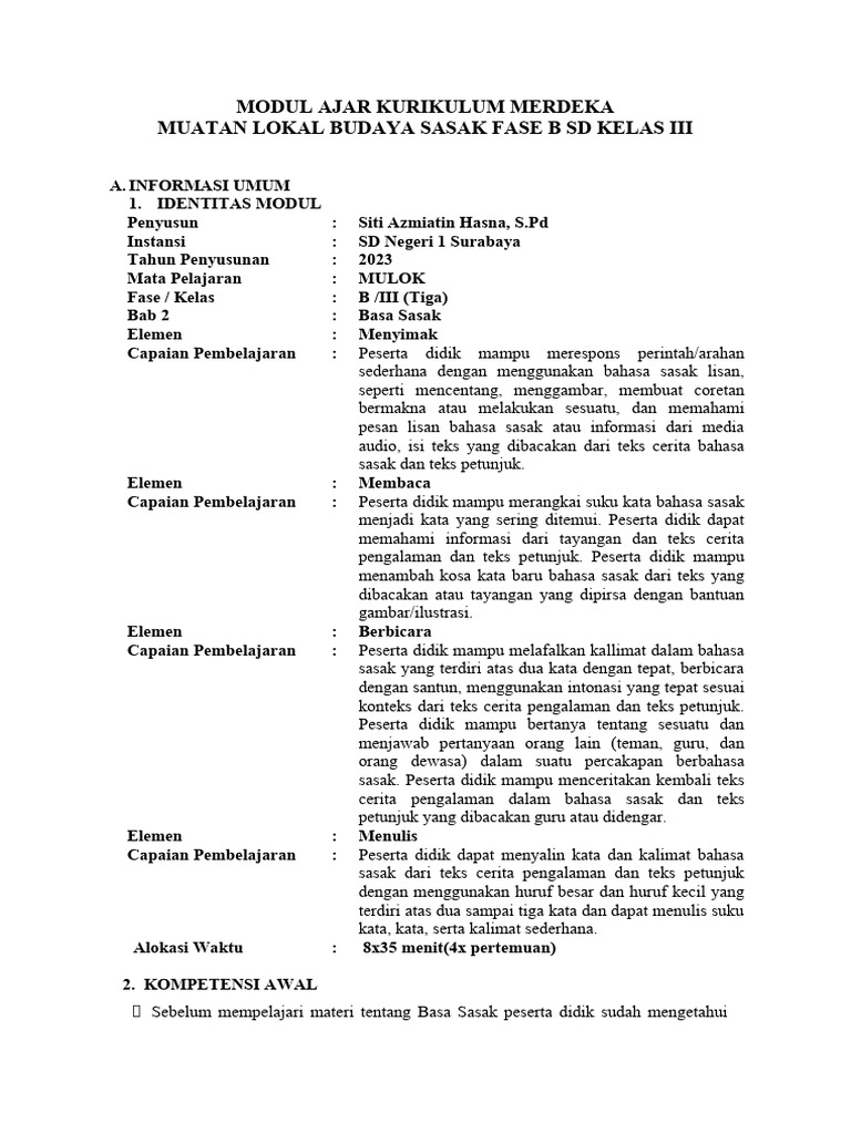 Modul Ajar Mulok Basa Sasak Kelas 3 | PDF | Karier & Perkembangan