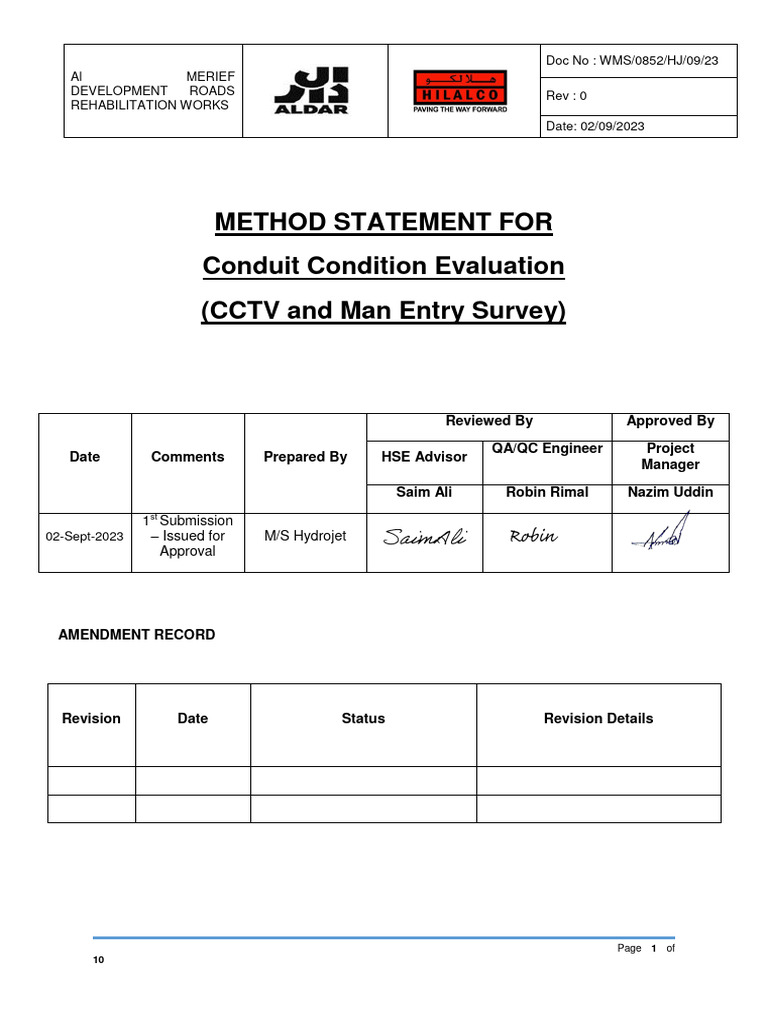 Method Statement For Conduit Condition Evaluation (CCTV and Man Entry ...