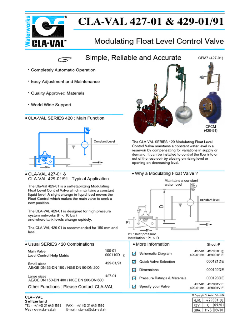 CLA-VAL 427-01 & 429-01/91: Modulating Float Level Control Valve ...