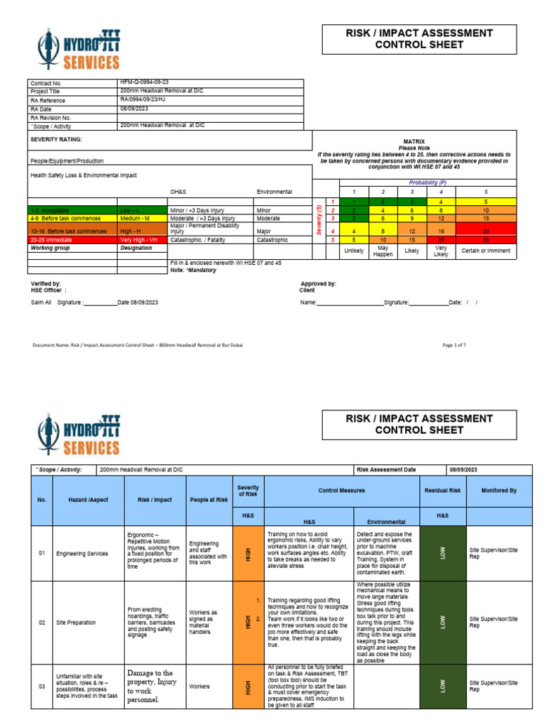 Risk / Impact Assessment Control Sheet: Severity Rating: Matrix | PDF ...