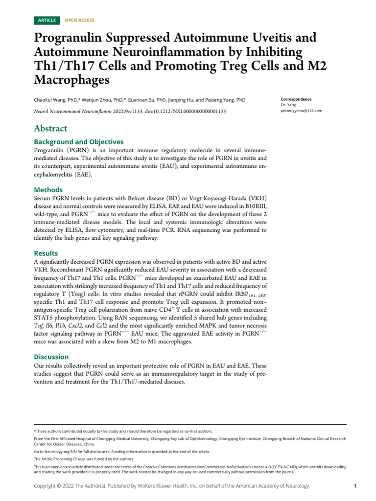 Progranulin Suppressed Autoimmune Uveitis and Autoimmune Neuroin Ammation by Inhibiting Th1/Th17 ...