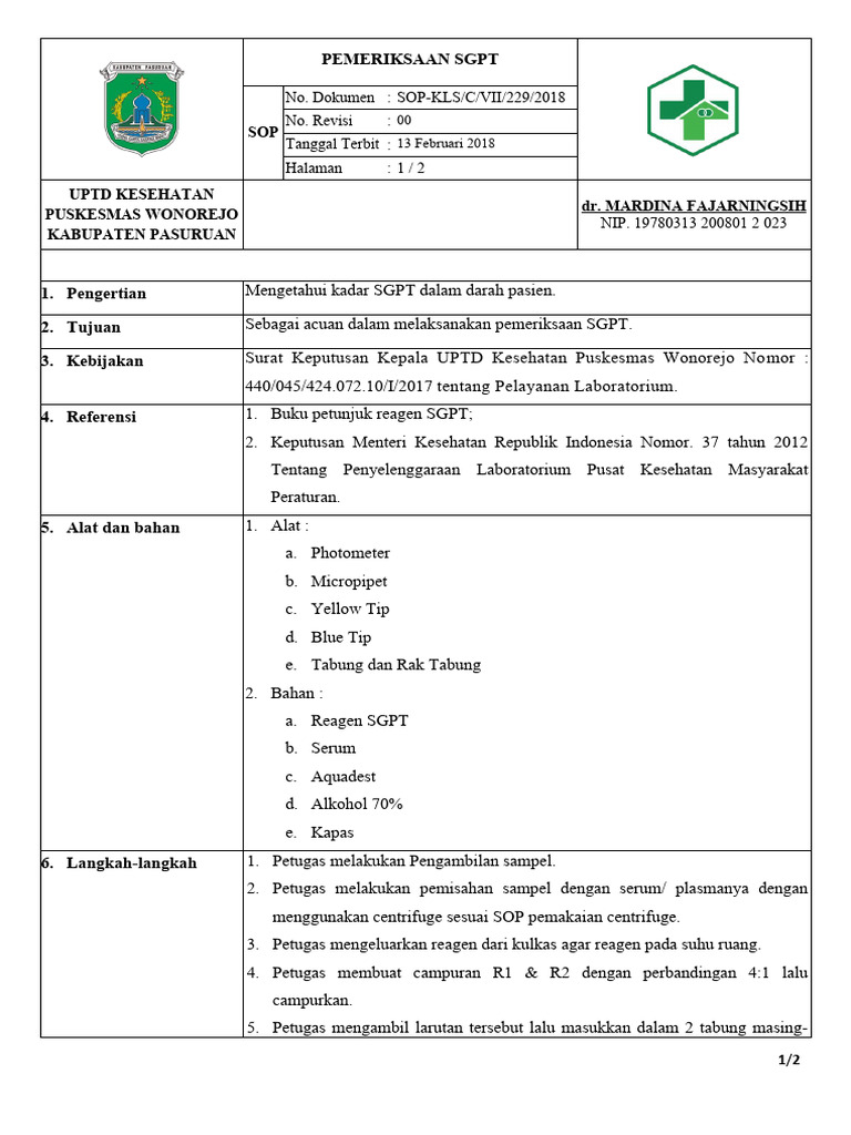 SOP Pemeriksaan SGPT | PDF