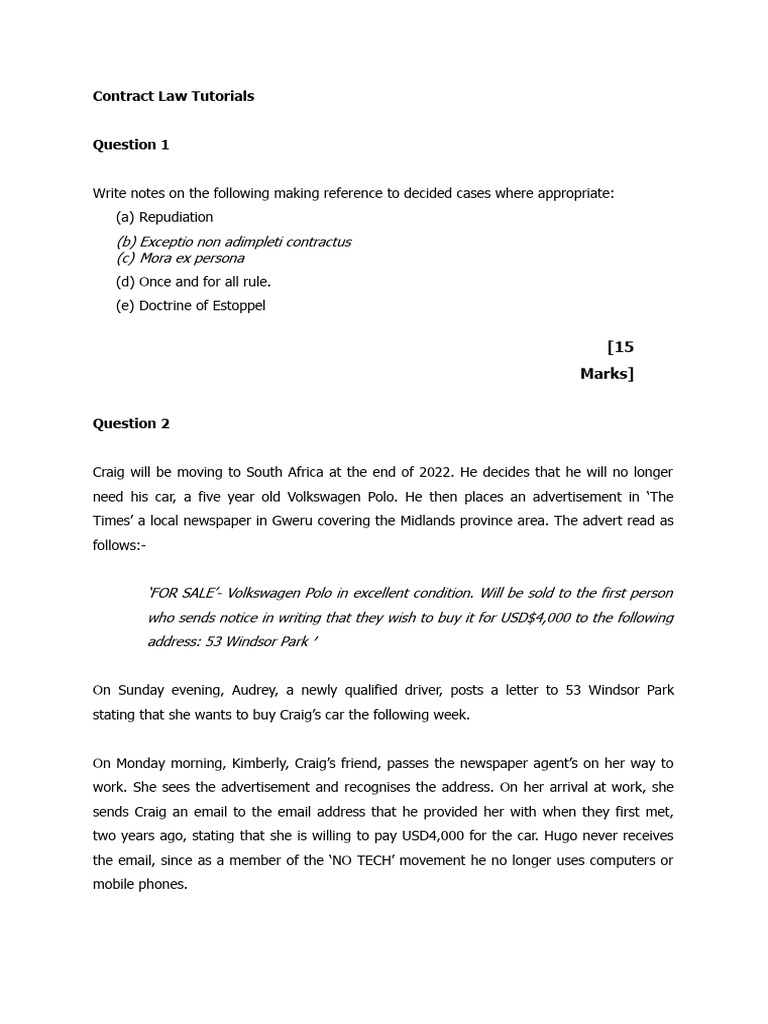 Contract Law Tutorials | PDF | Debt | Common Law