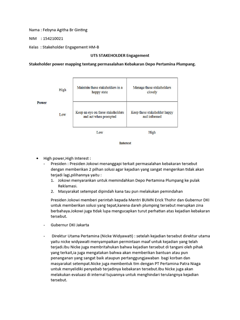 Stakeholder Power Mapping Tentang Permasalahan Kebakaran Depo Pertamina Plumpang | PDF