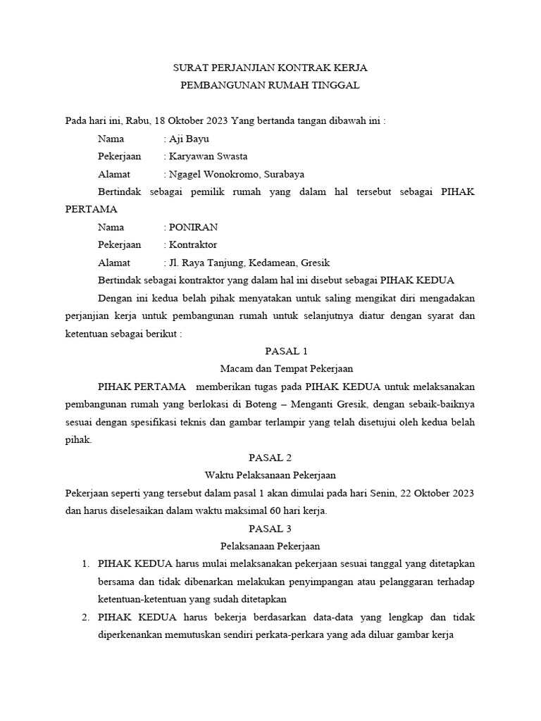 Kontrak Pembangunan Rumah Tinggal | PDF