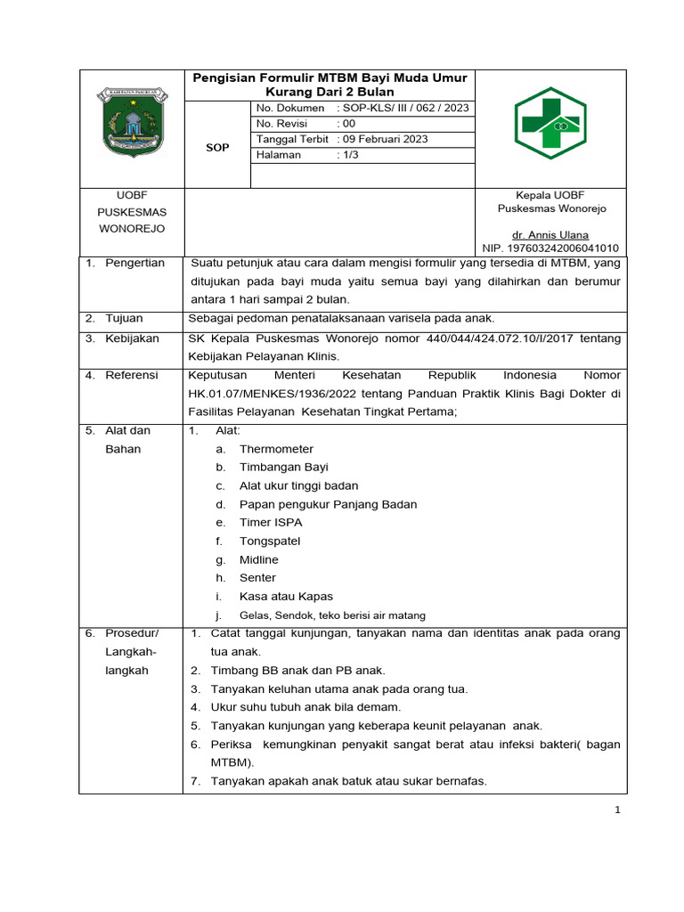 062 SOP Pengisian Formulir MTBM Bayi Muda | PDF