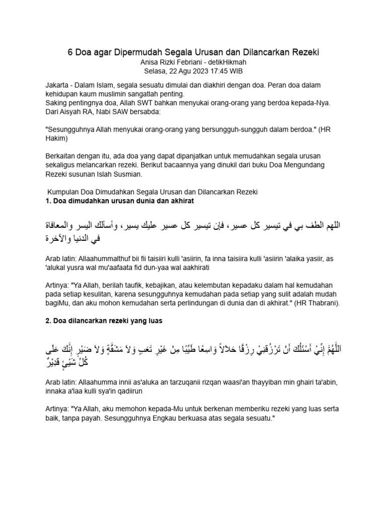 6 Doa Agar Dipermudah Segala Urusan Dan Dilancarkan Rezeki | PDF