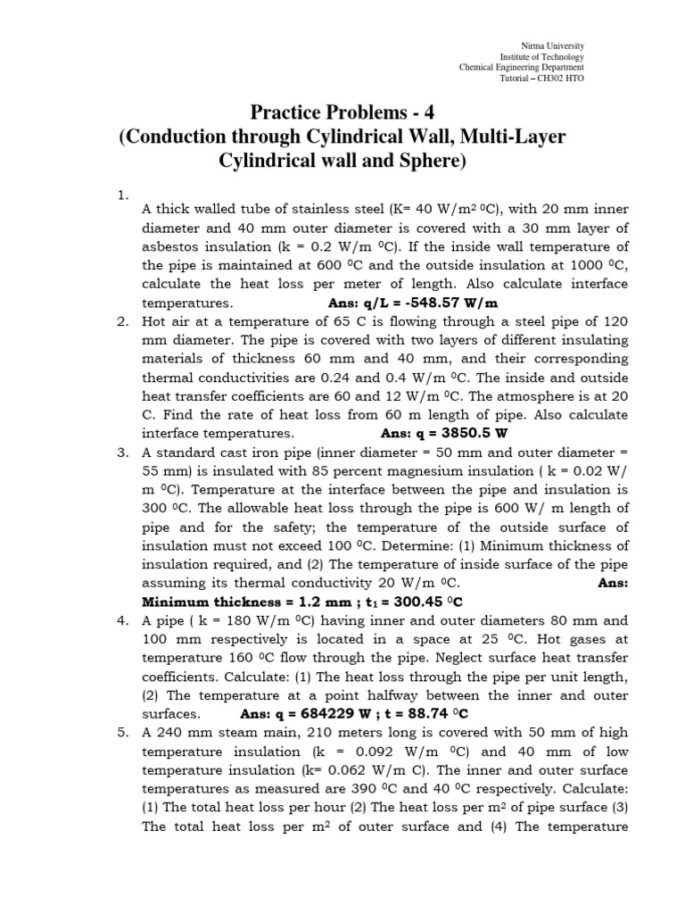 Heat Loss Calculations in Cylindrical Walls | PDF | Heat Transfer ...