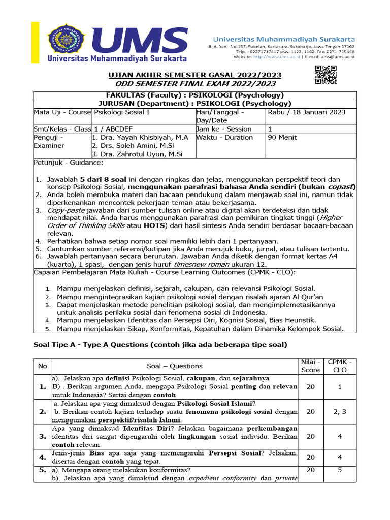 Soal UAS Final Psi. Sosial 1 GSL 22-23 Yayah Sony Uyun | PDF