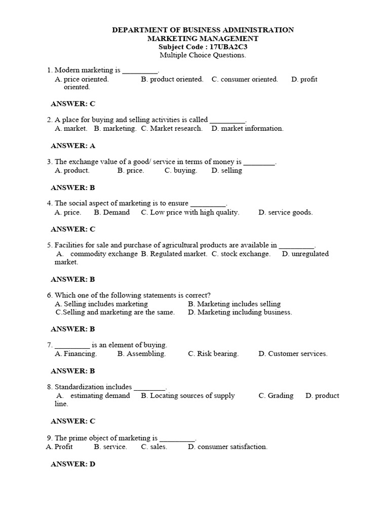 Marketing Management MCQs Overview | PDF | Marketing | Sales