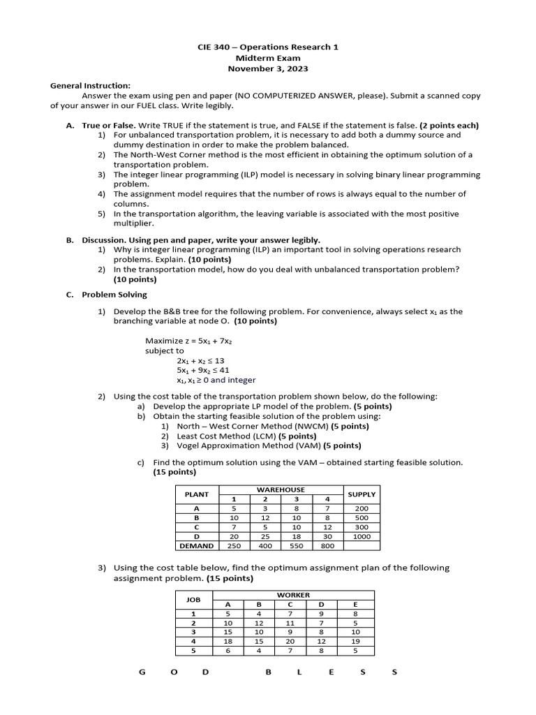 CIE 340 Midterm Exam | PDF | Linear Programming | Mathematics Of Computing