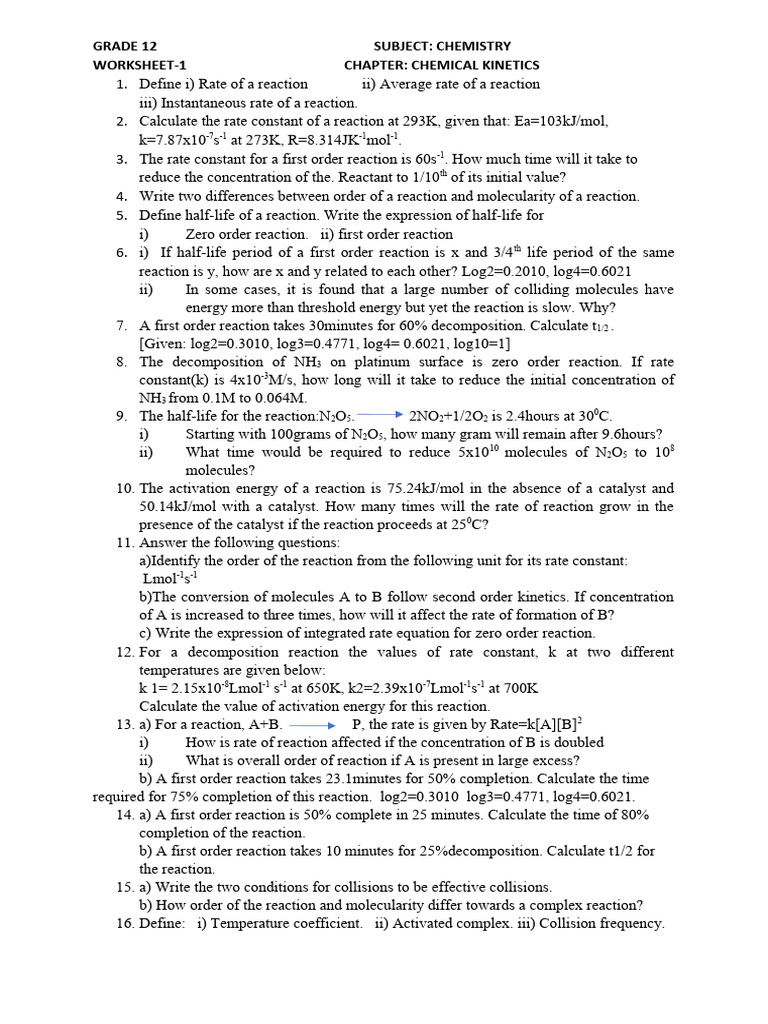 12th Grade Chemical Kinetics Worhshhet | PDF | Reaction Rate | Chemical ...