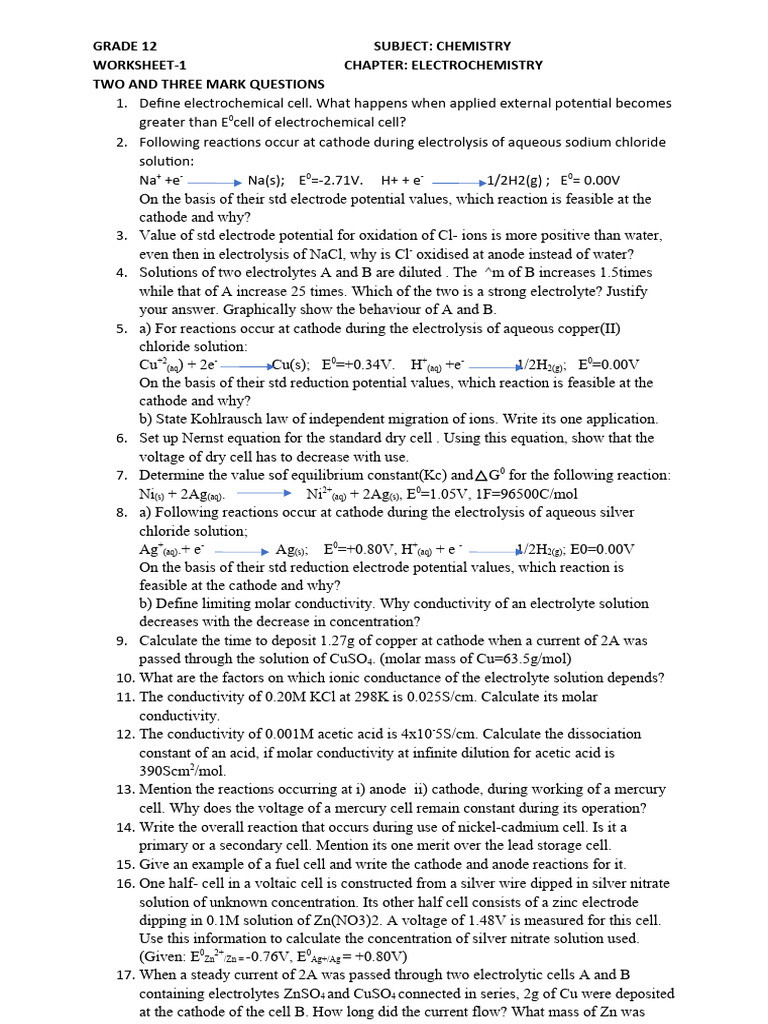 12TH Grade Electrochemistry Worksheet-1 | PDF | Electrochemistry ...